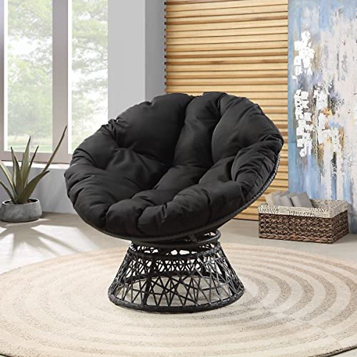 OSP Home Furnishings Wicker Papasan Chair with 360-Degree Swivel, Grey Frame with Black Cushion