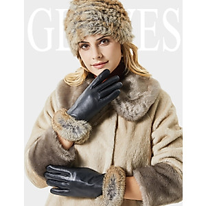 OCXMME Super Warm Womens Rabbit Fur Lined and Cuff Leather Gloves for Women Touchscreen Texting Driving Gloves Black Large