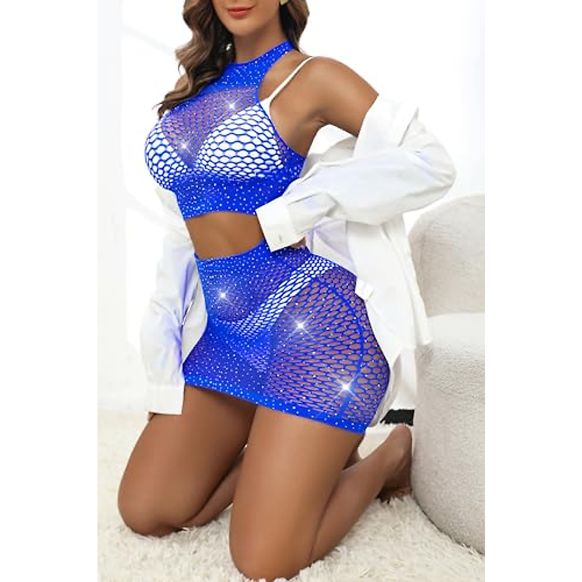 Avidlove Womens Lingerie Fishnet Dress Mesh Badydoll Fishnet Bodysuit See Through Chemise, Blue