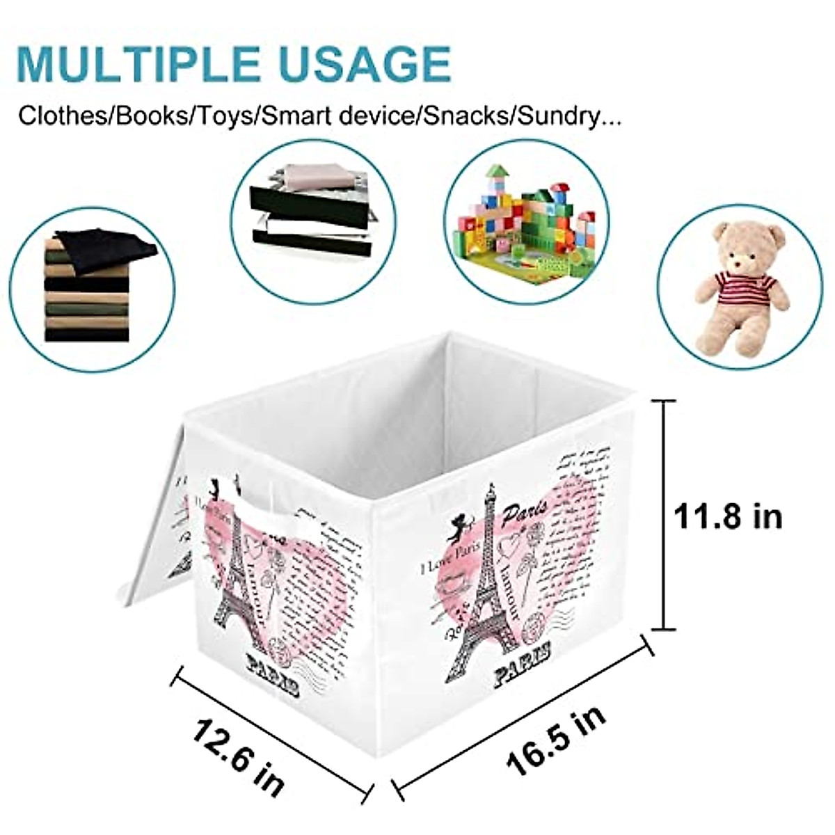 CaTaKu I Love Paris Storage Bins with Lids and Handles, Fabric Large Storage Container Cube Basket with Lid Decorative Storage Boxes for Organizing Clothes