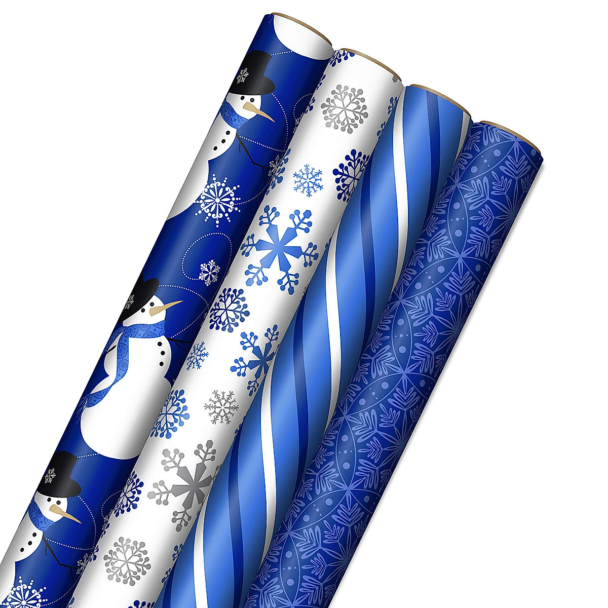 Image Arts Blue Christmas Wrapping Paper with Cut Lines on Reverse (4 Rolls: 120 sq. ft. ttl) Snowmen, Snowflakes, Blue and White Stripes