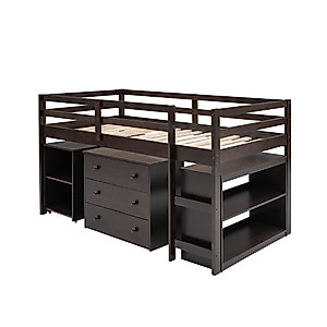 CITYLIGHT Twin Size Loft Bed with Desk, Low Study Twin Loft Bed Frame, with Cabinet and Rolling Portable Desk, Low Twin Loft Bed for Kids and Teens (Espresso)