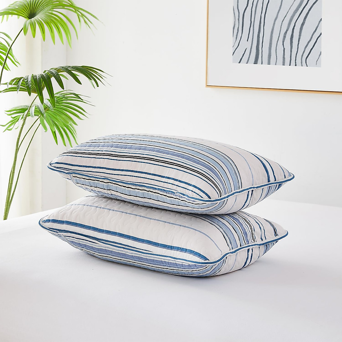 Southshore Fine Living, Inc. Oversized King Quilt Set, All Season Striped Blue Bedspread Set, 3-Piece Coastal Bedding, California/King Coverlet Sets with Shams, Soft Microfiber Quilt, Blue Stripes