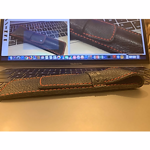 DiLoro Full Grain Leather Single Pen Case Holder Pouch Pencil Organizer (Buffalo Black w Red)