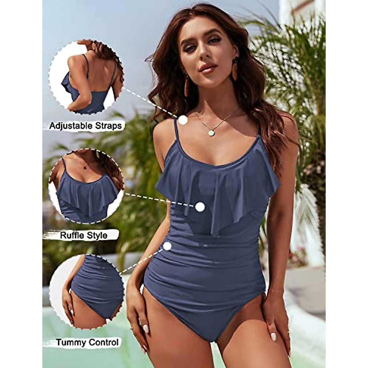 Blooming Jelly Womens One Piece Bathing Suit Tummy Control Swimwear Ruffled Vintage Swimsuits (X-Large, Dusty Blue)