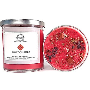 Root Chakra Soy Candle 10 oz with Red Jasper and Garnet Crystals, Herbs & Essential Oils . (Wiccan Pagan Magick Spirituality)