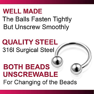 bodyjewellery 2pcs 18g Circular Barbell Ear Cartilage Eyebrow Horseshoe Lip Septum Nose Ring Tragus Helix Snake Bite 3mm Ball - 6mm