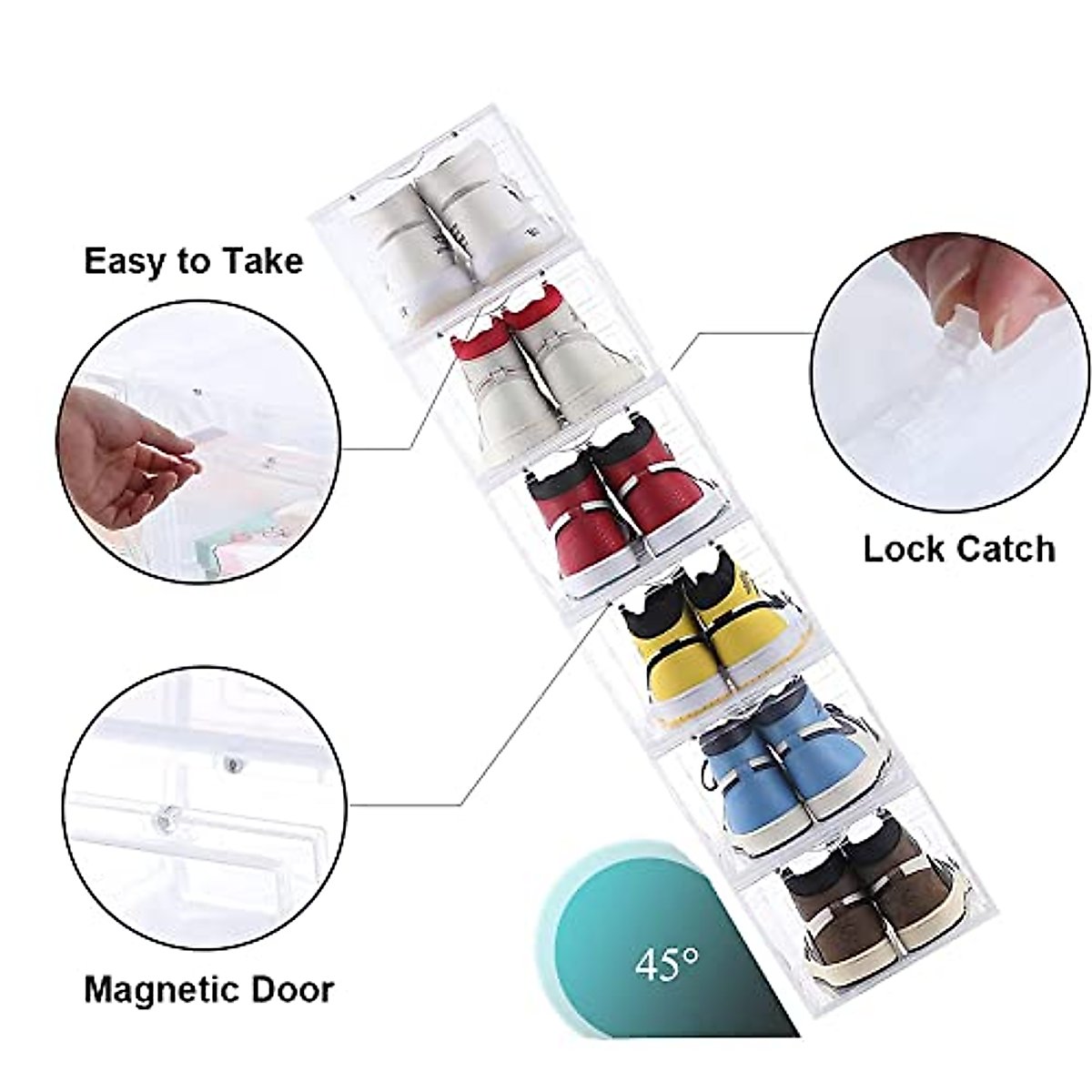 6 Pack Wanhux Shoe Box Organizer，Stackable Plastic Shoe Box With Clear Door，Transparent Shoe Box Storage，As Shoe Storage Box And Clear Shoe Box,For Display Sneakers,Easy Assembly,Fit Up To Us Size 12(13.6”x 10.6”x 6.7”)