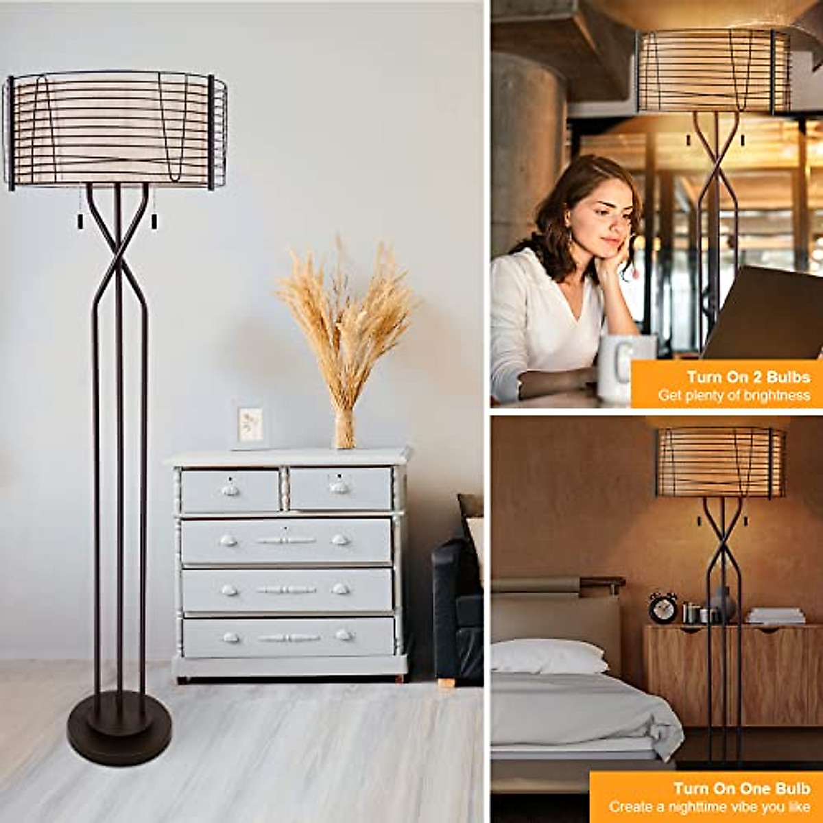 Floor Lamps for Living Room with Double Drum Shade - Farmhouse Industrial Standing Lamp, 65" Tall Rustic Bronze Woven Iron Metal Burlap Fabric Shade Mid Century Modern Reading Light for Bedroom Office