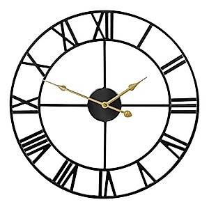 Large Wall Clock Metal Retro Roman Numeral Clock, Modern Round Clocks Almost Silent, Easy to Read for Living Room/Home/Kitchen/Bedroom/Office/School Decor (Black, 16 Inch)