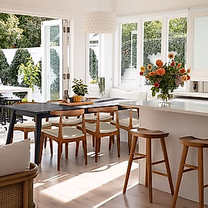 2xhome Set of 2 Solid Wooden Dining Chairs | Upholstered Beige Cloth Linen Cushioned Seat | Modern Farmhouse Elbow Side Chair | Home, Kitchen, Office, Meetings (Espresso-Beige Seat)