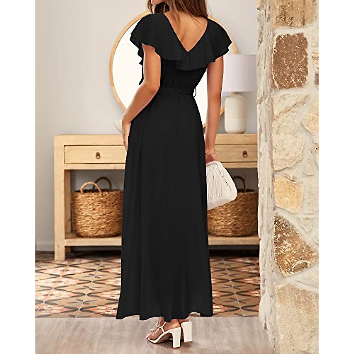 BTFBM Women's Summer Chiffon Maxi Dresses Deep V Neck Ruffle Short Sleeve Beach Party Cocktail Flowy Wrap Dress with Belt(Solid Black, X-Large)
