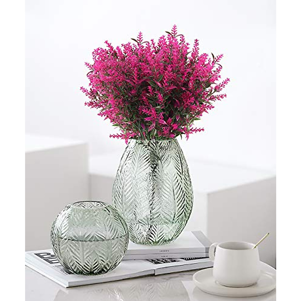 RECUTMS 8 Bundles Artificial Flowers Fake Outdoor Plants Faux UV Resistant Lavender Flower Plastic Shrubs Indoor Outside Hanging Decorations (Fuchsia)