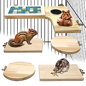 BNOSDM Wooden Hamster Cage Platform Set Wood Chinchilla Ledges and Platforms Rectangle L-Shaped Round Cage Accessories with Cooling Standing Board&Food Cup for Mouse Squirrel Gerbil Guinea Pig