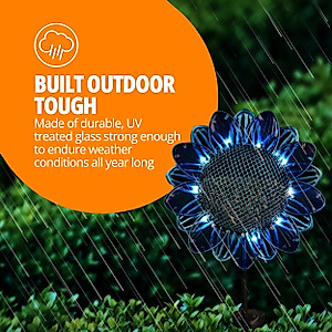 Exhart Garden Solar Lights, Sunflower Garden Stake with Mesh Bird Seed Feeder, 9 LEDs, Glass and Metal Outdoor Decoration, Blue, 11 x 3.5 x 36.5 Inch