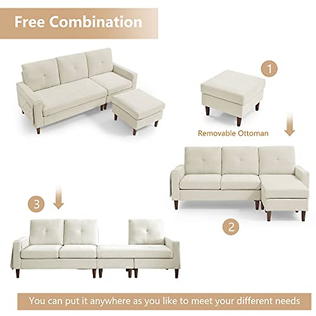 Tmsan Convertible Sectional Sofa, L Shaped Couch Bed with Movable Ottoman, Reversible 3 Seater Sleeper for Living Room, Small Space, Beige