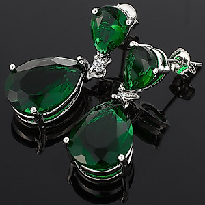 [RIZILIA CELEBOX] Teardrop Dangle Pierced 1.1" Earrings with Pear Cut CZ [Simulated Green Emerald] in White Gold Plated, Celebrity inspired by Angelina Jolie