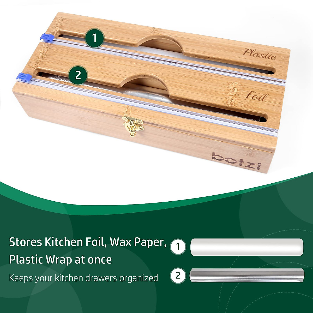 2 in 1 Food Wrap Organizer with Cutter, Bamboo Wrap Dispenser for Aluminum Foil, Wax Paper, Plastic Wrap, Wall Mounted or Kitchen Drawer Organization and Storage Holder,Max for 12" Roll