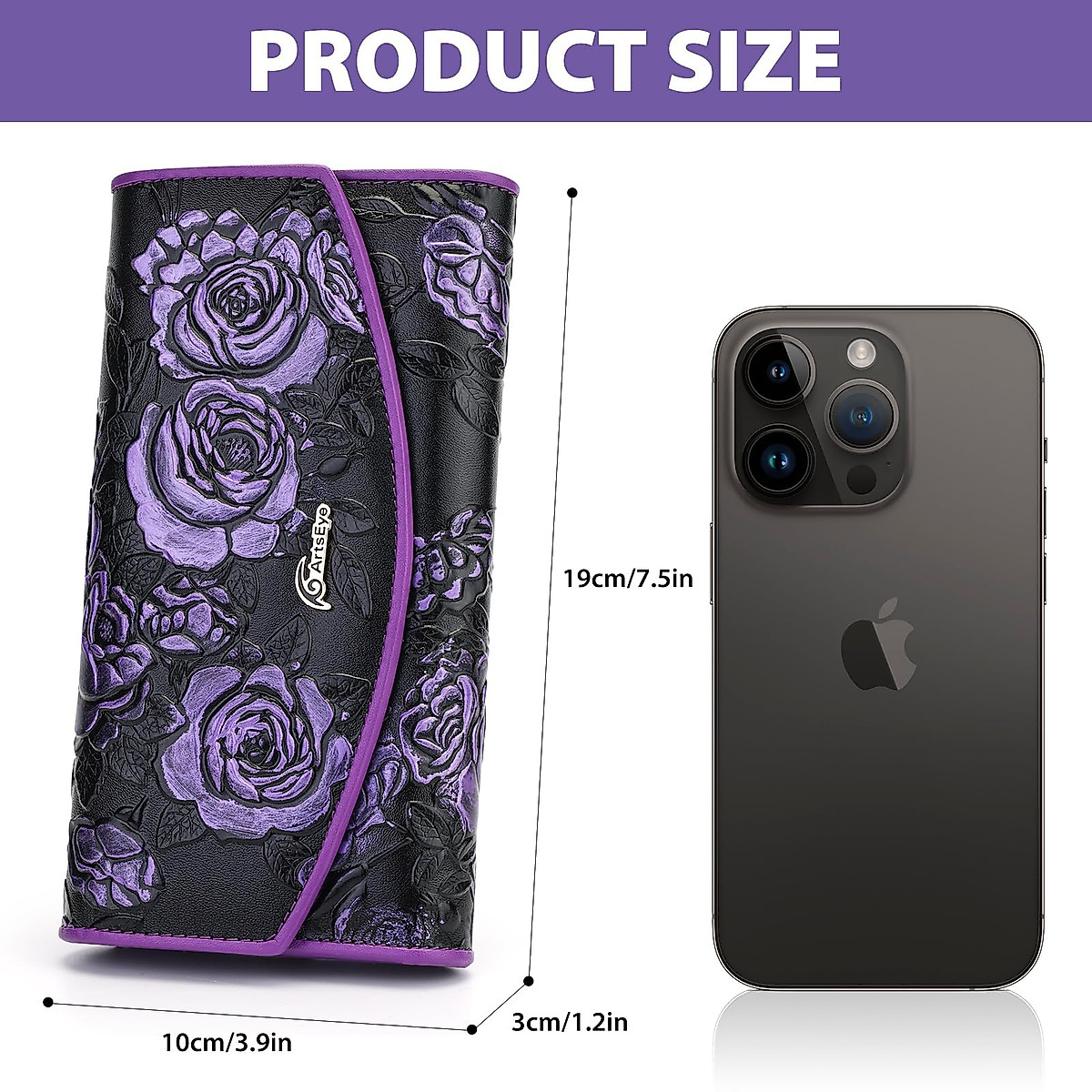ArtsEye Roses Embossed Genuine Leather Trifold Wallet Purse (Purple)
