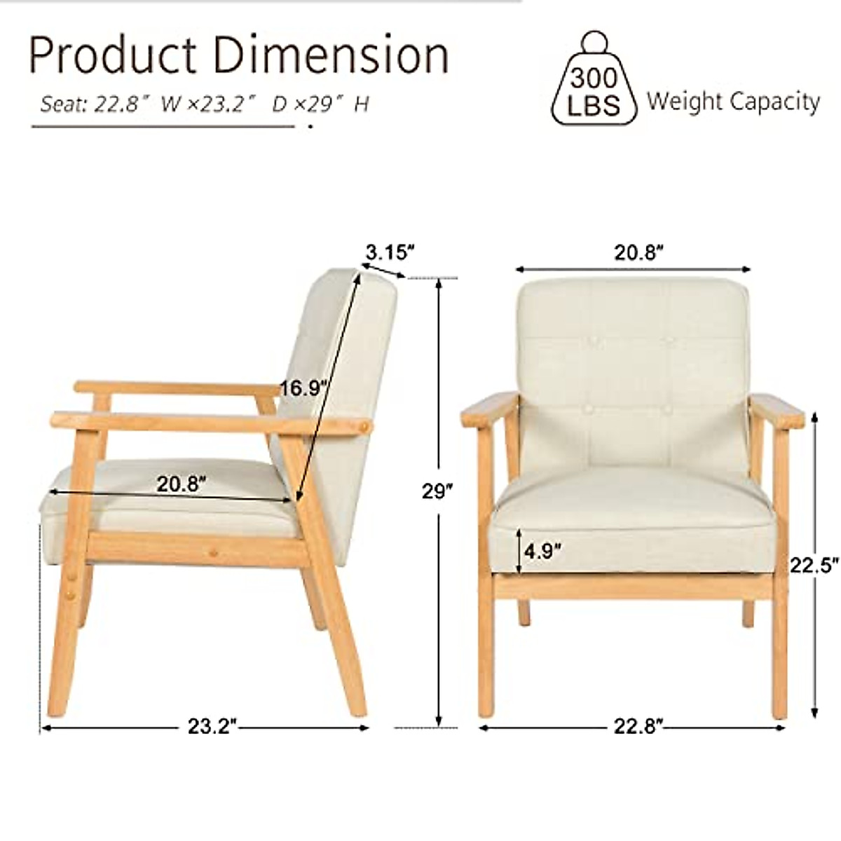 Okeysen Mid Century Modern Accent Chair, Retro Wood and Fabric Armchairs Side Chair, Lounge Reading Comfy Arm Chair for Living Room, Bedroom, Office