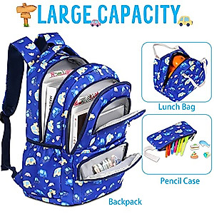 Unineovo Backpack for Boys, Car Backpack,Lunch Box Schoolbag for Kids, Kids Boys Water Resistant Laptop Backpack,Lightweight Bookbag with Pencil Case,3 Pcs Set Nylon Side Pocket Backpack for School