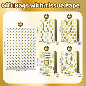 Fingertip WD 12 Pcs Medium Size Gift Bags with Tissue Paper, 9.1" x 6.9" x 3.9" Gold Gift Bags with Handles, Paper Gift Bags for Shopping, Wedding, Baby Shower, Holiday