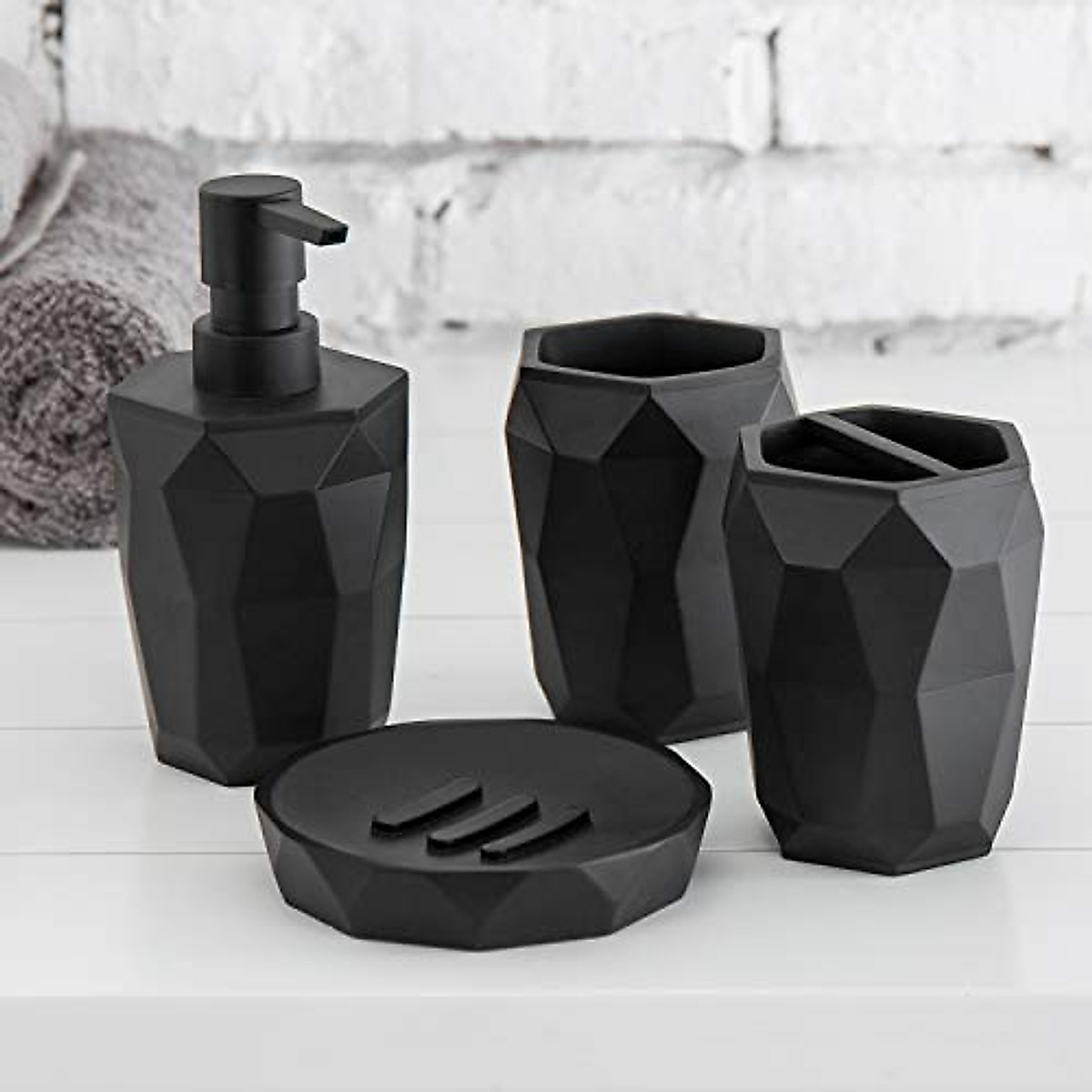 MyGift 4 Piece Modern Black Resin Bathroom Accessories Set with Geometric Design Includes Lotion Pump Bottle, Toothbrush Holder, Tumbler and Soap Dish