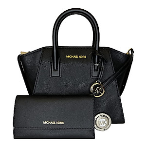Michael Kors MICHAEL Michael Kors Avril Small Logo Top-Zip Satchel bundled with Trifold Wallet Purse Hook (Black)