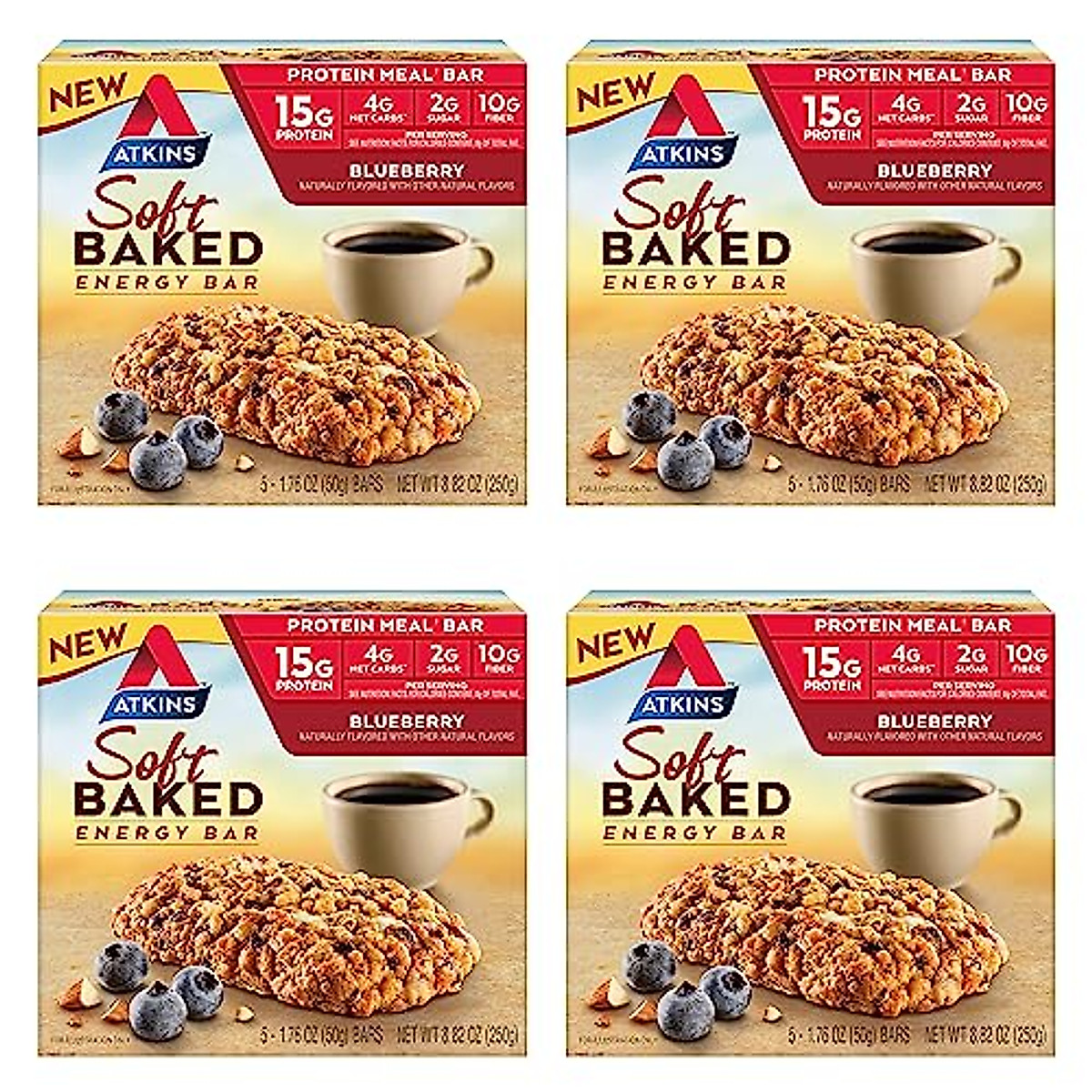 Atkins Soft Baked Energy Bars, Blueberry, 15g Protein,2g Sugar, Excellent Source of Fiber, Low Carb, 4 Packs (5 Bars Each)