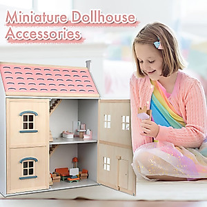 Abellzos Wooden Dollhouse Furniture Set, 24 PCS Miniature Doll House Accessories with Dining Room, Living Room, Bedroom, and Bathroom, Birthday Gift Toys for Toddlers Girls Boys Age 3+