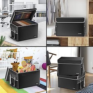 DocSafe File Box Fireproof File Storage Organizer Box with Lid,Collapsible Document Storage Filing Box for Hanging Letter/Legal Folder,Portable Home Office Safe Box Bin Cabinet with Handle,Black
