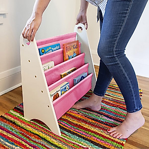 Wildkin Kids Modern Sling Bookshelf for Boys and Girls, Wooden Design Features Two Top Handles and Four Fabric Shelves, Helps Keep Bedrooms, Playrooms, and Classrooms Organized (White and Pink)