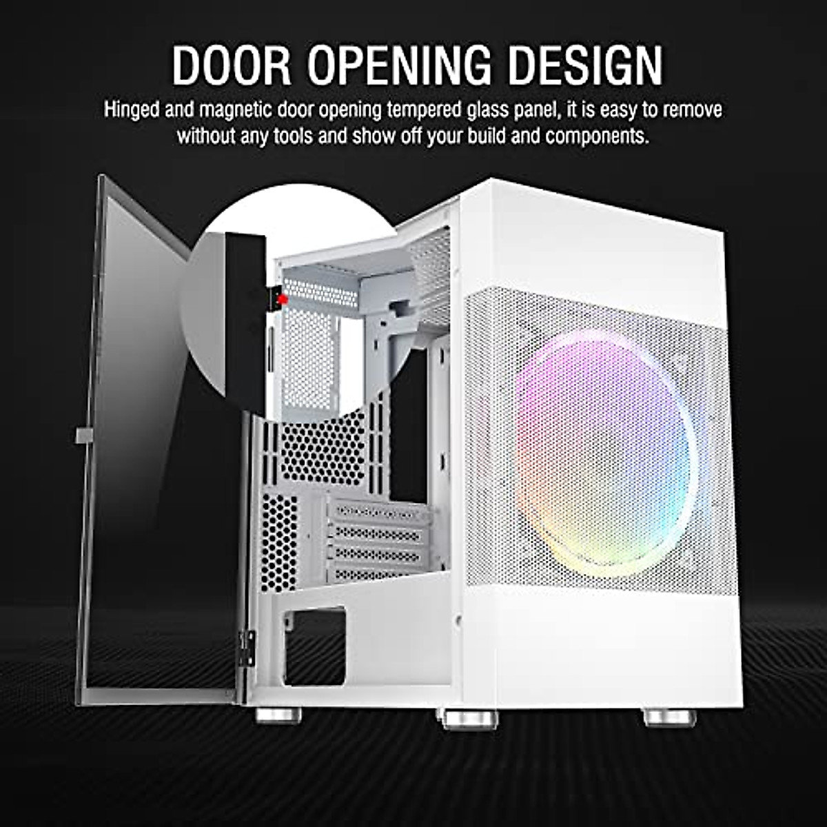 Vetroo M01 Compact M-ATX Mesh Gaming Pc Case, Pre-Installed 200mm Rainbow Fan, Door Opening Tempered Glass Panel Design, Air-Water Cooling Ready