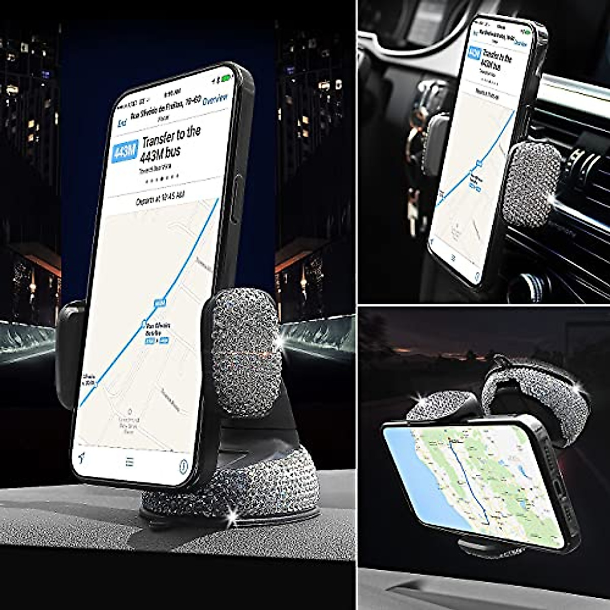 Bling Phone Holder for Car, Girly Rhinestone Car Dashboard Windshield Cell Phone Mount , 360 Degree Adjustable Glitter Sparkly Handcrafted Diamond Car Decor for Women with Air Vent Hook Clip, White