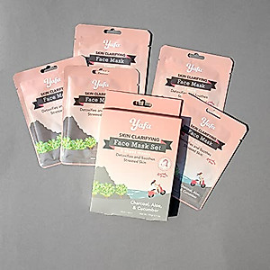 yafa Clarifying Face Sheet Masks with Charcoal, Aloe, Cucumber, Soothing and Detoxifying Korean Skincare for Acne Prone or Stressed Skin, Natural Facial Mask Beauty Treatment, Set of 5