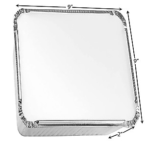 Kingzak Silver Aluminum Foil Square Pans with Board Lids - 9" x 9" (10 Pcs) | Heavy-Duty Reusable Party Pans for Catering & Buffet Events