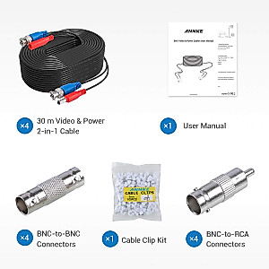 SANNCE 4-Pack 100ft BNC Video and Power Security Camera Cable with BNC Connectors and RCA Adapters for CCTV Camera System 100pcs Cable Clips (Black)