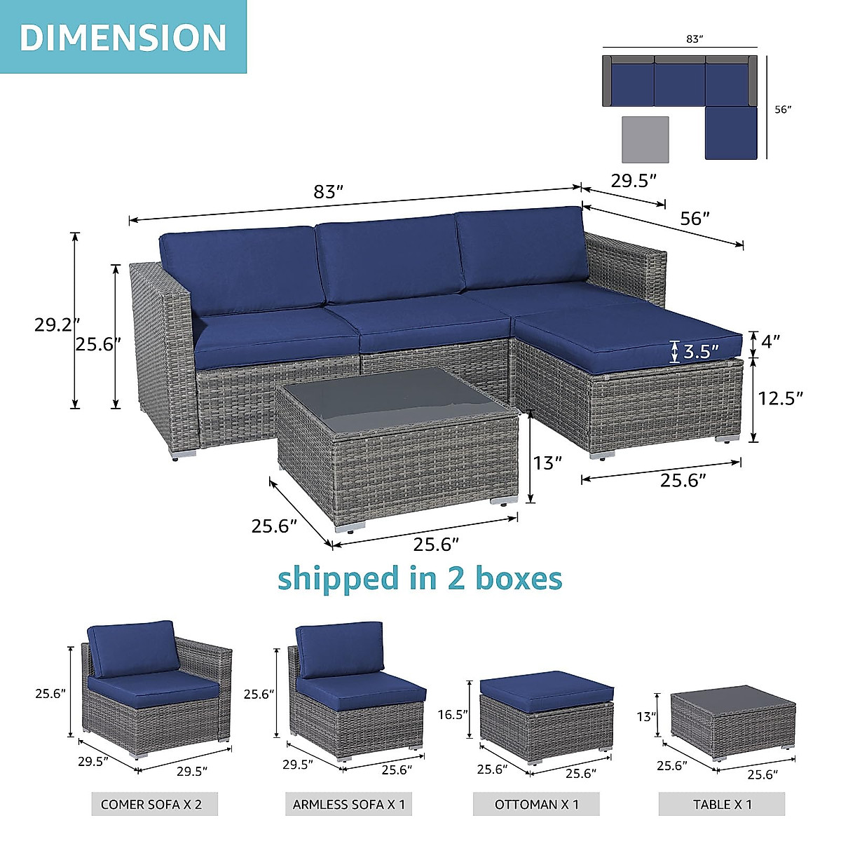 Patiorama 5 Piece Outdoor Patio Furniture Set, Outdoor Sectional Conversation Set, All-Weather Grey PE Wicker w/Navy Blue Cushions, Outdoor Backyard Porch Garden Poolside Balcony Furniture Set