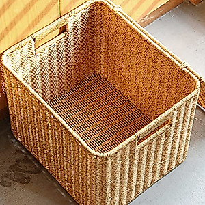 OUNONA Rattan Storage Basket with Lid Woven Shelf Baskets Plastic Handwoven Wicker Basket Organizer Boxes Home Decor for Makeup Clothes Home Items Shelves Organizing