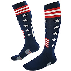 BUENWAZ Knee High American Flag Baseball Socks for Men Athletic Cushioned Patriotic Over the Calf Socks for Softball Football Soccer (Stars & Stripes)