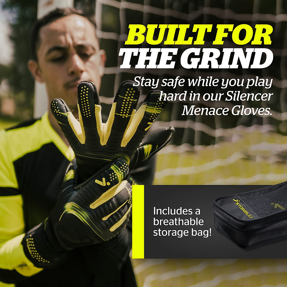Storelli Silencer Menace Goalkeeper Gloves, Soccer Goalie Gloves for Youths & Adults, Roll-Negative, Hybrid Gloves with Removable Finger Spines, Black & Yellow, Size 9