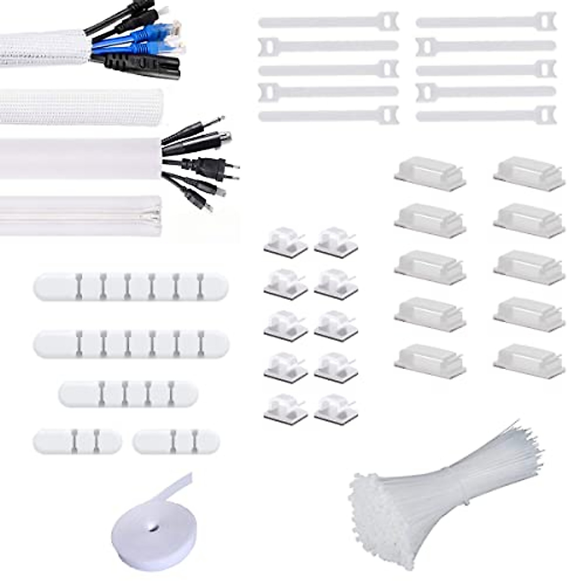 140pcs Cable Management Organizer Kit with Cable Sleeve Split,Self Adhesive Cable Clip Holder and tie, Self-Locking Cable Ties Premium Cord Management Kits for TV Computer Office Home (White)