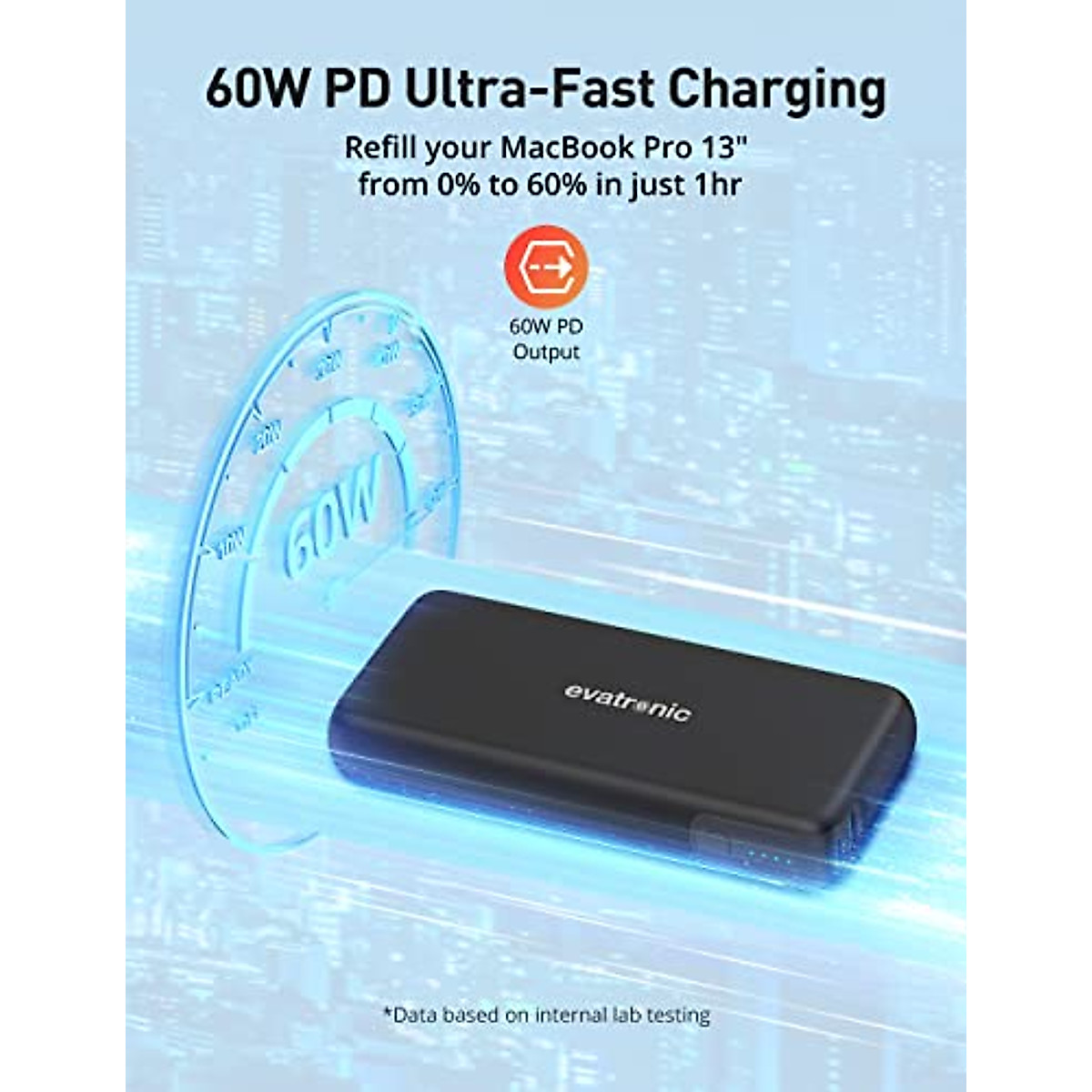 evatronic Laptop Power Bank, 20000mAh 60W PD 3.0 Portable Charger, USB C Fast Charging External Battery Pack for MacBook, Dell, iPad Pro, iPhone 14 Pro Max, Galaxy, Switch, Steam Deck and More