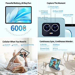 TECLAST Android 12 Tablet 10 inch Tablets P20S, Dual 4G SIM/SD LTE, 4GB RAM+64GB ROM(TF 1TB), 2.0GHz Octa core CPU, 800x1280 FHD, 2.4G/5G WiFi, 2 Speaker, Bluetooth 5.0, GPS, 2+5MP Camera, 6000 mAh