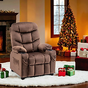 MCombo Big Kids Recliner for Ages 3+, Child Recliner Chair, Toddlers Recliner Sofa with Cup Holders (Velvet, Brown)