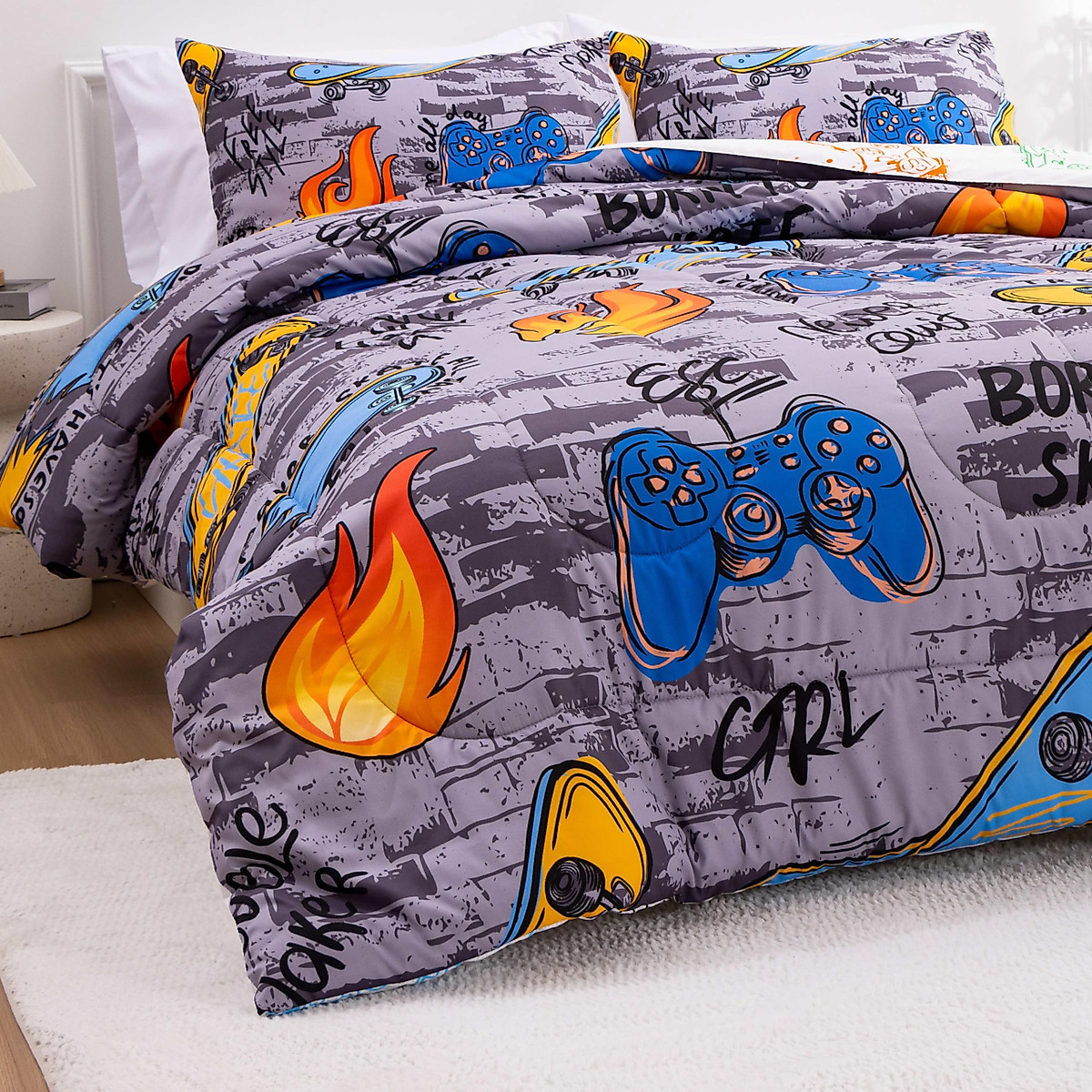 Btargot Kids All Season Grey Dinosaur Printed Bedding Comforter Sets with 2 Pillowcases Twin Size 3 Pieces for Boys Girls Teens Adults