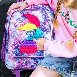 CCJPX 3PCS Mermiad Rolling Backpack for Girls, Kids Roller Wheeled Bookbag Toddler Elementary School Bag with Wheels - Purple