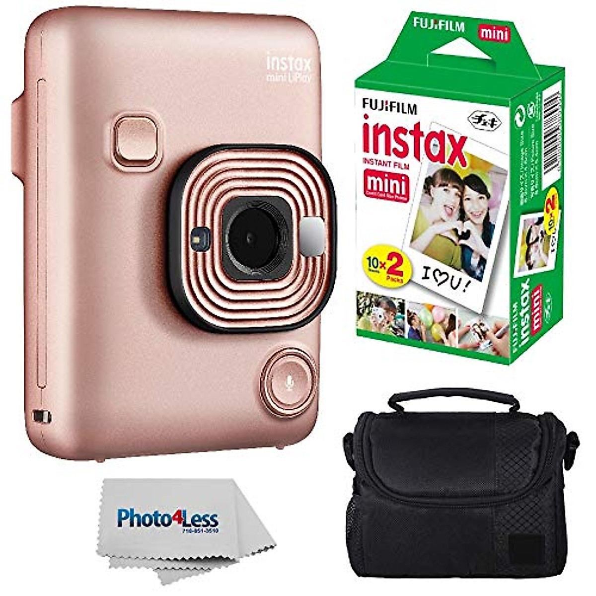 Fujifilm Instax Mini LiPlay Hybrid Instant Camera (Blush Gold) + Fujifilm Instax Instant Film (20 Shots) + Compact Camera Case – Instant Camera Bundle
