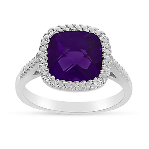 Jewels By Lux 14k White Gold Genuine Purple Birthstone Solitaire Cushion Cut Amethyst And Diamond Wedding Engagement Ring - Size 4.5 (2.99 Cttw.)
