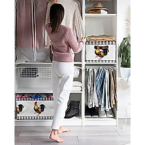 1 PC Large Storage Basket Bins Waterproof Fabric, Black Rooster Rectangular Storage Box for Shelf Closet Organizer Farm Buffalo Plaid White Check